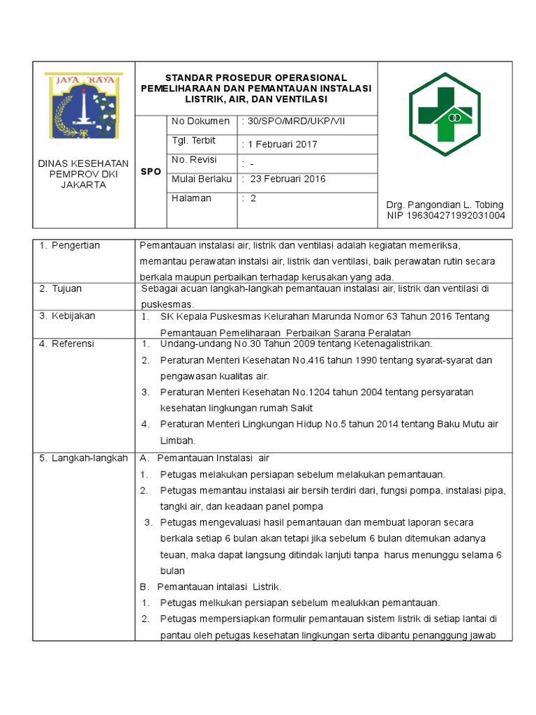 8.5.1.2 SPO Pemeliharaan Dan Pemantauan Instalasi Listrik, Air, Dan Ventilasi. | PDF