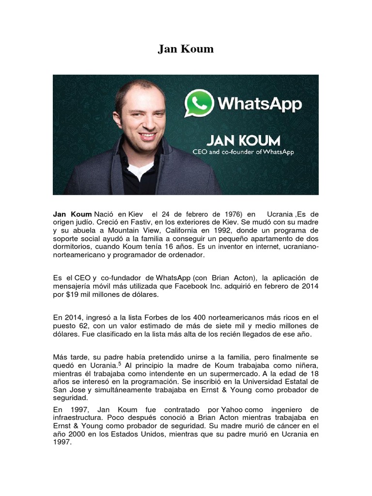 Biografía de Jan Koum, cofundador de WhatsApp | PDF