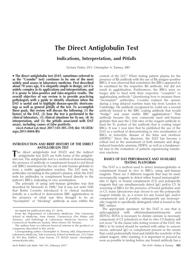 The Direct Antiglobulin Test: Indications, Interpretation, and Pitfalls ...