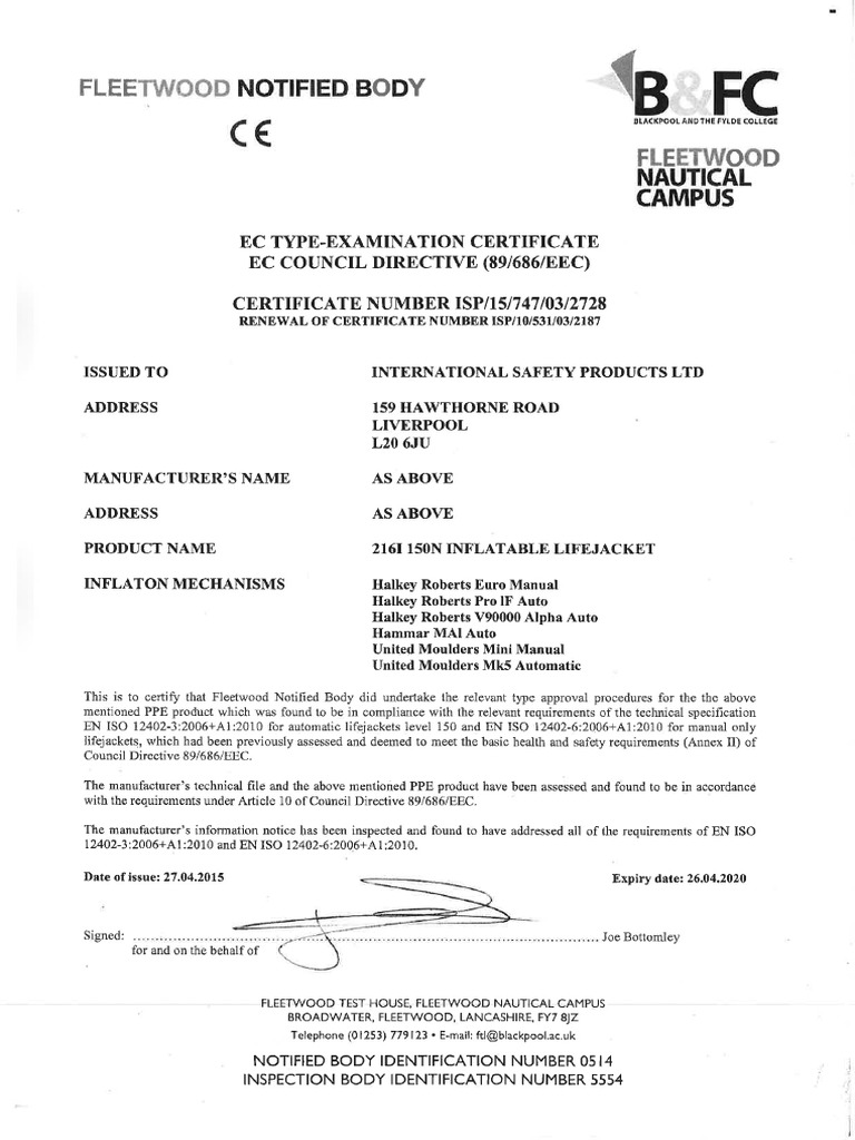 Certificate of Inflatable Life Vest | PDF | Sports | Nature