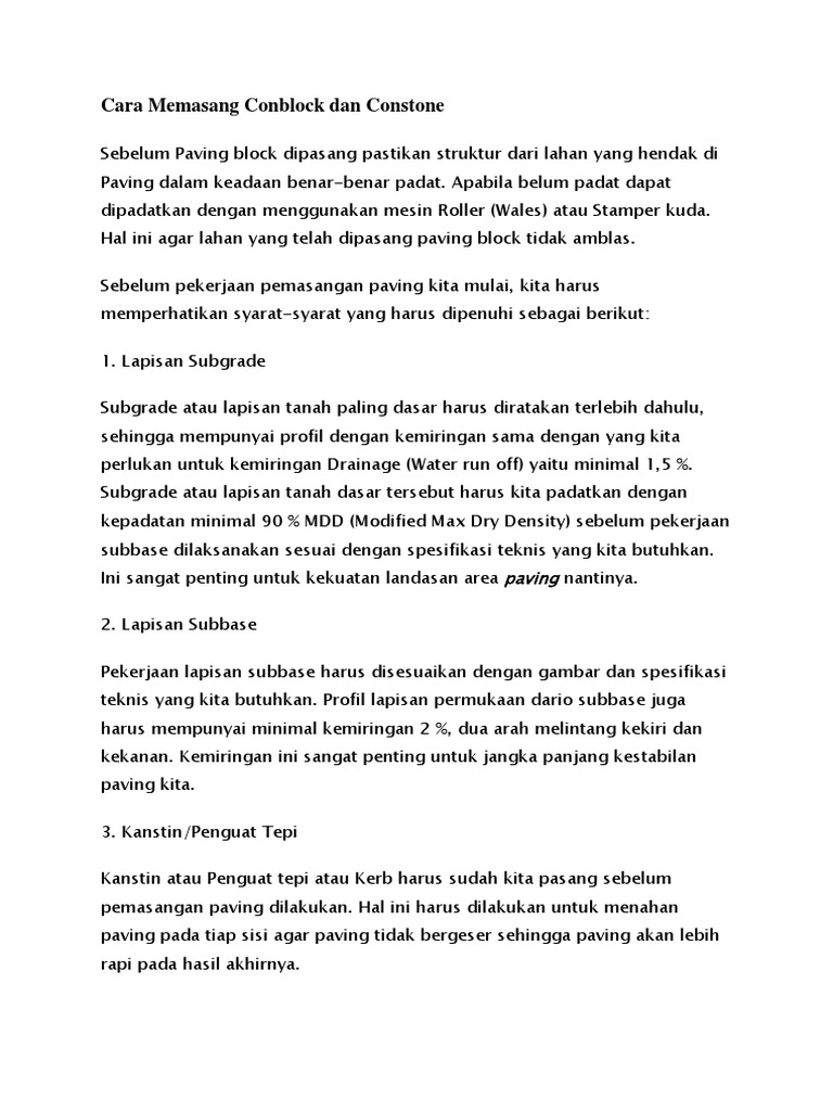 Cara Memasang Conblock Dan Constone | PDF | Teknologi & Rekayasa