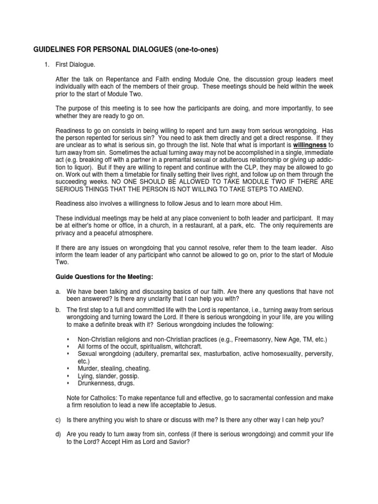 One On One Guide Module 1 | PDF | Confession (Religion) | Repentance