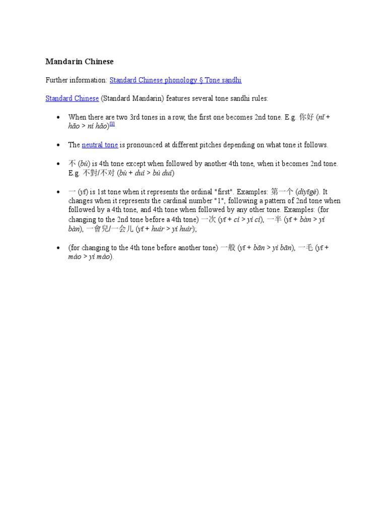 Mandarin Chinese: Standard Chinese Phonology Tone Sandhi Standard ...
