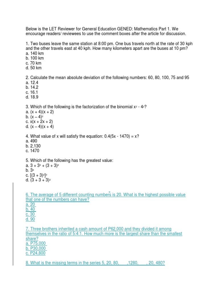 Below Is The LET Reviewer For General Education GENED | PDF | Triangle | Multiplication