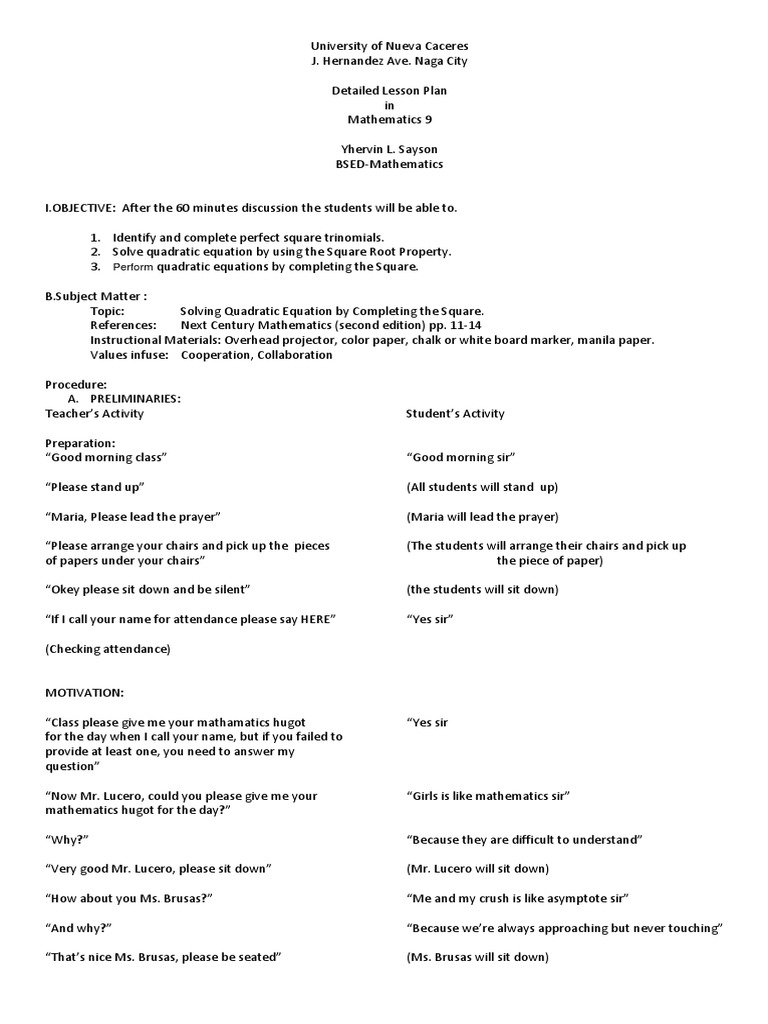 A Detailed Lesson Plan | PDF | Quadratic Equation | Equations