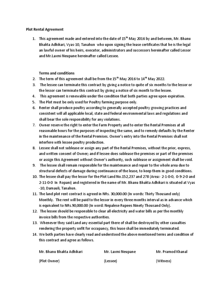 Plot Rental Agreement | PDF | Natural Resources Law | Lease