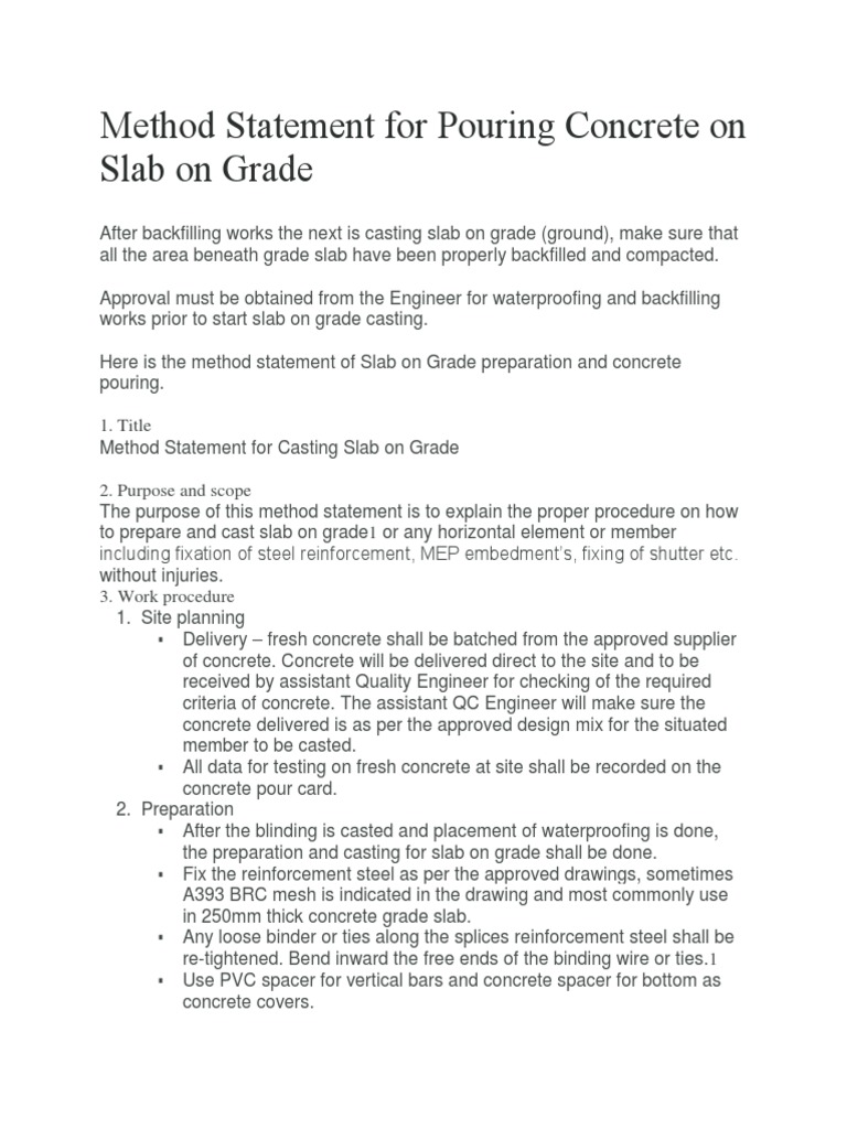 Method Statment - Concrete Pour SoG | PDF | Concrete | Building Engineering