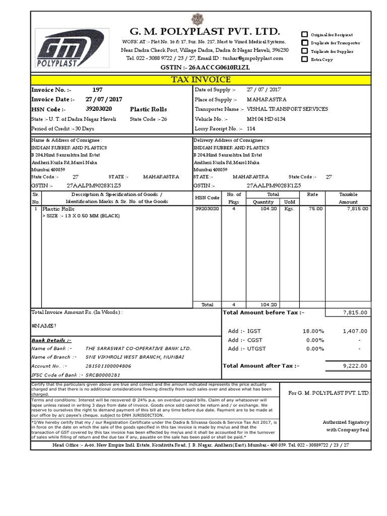 G. M. Polyplast Pvt. LTD.: Tax Invoice | PDF | Invoice | Payments