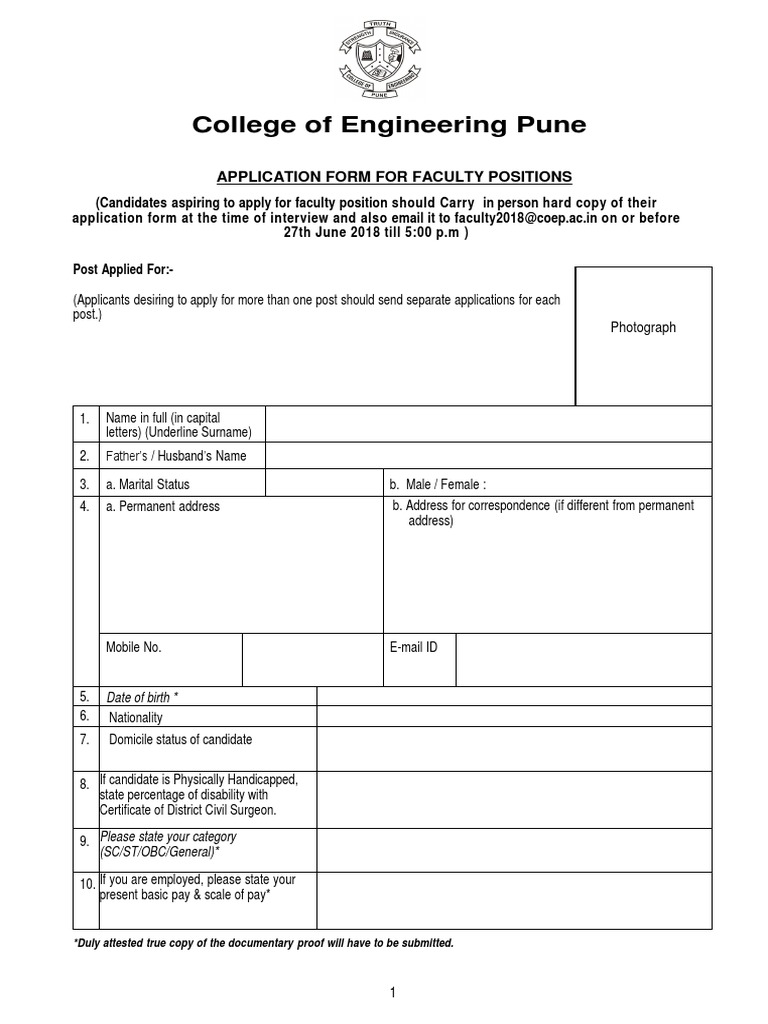 College of Engineering Pune: Post Applied For | PDF | Doctor Of ...