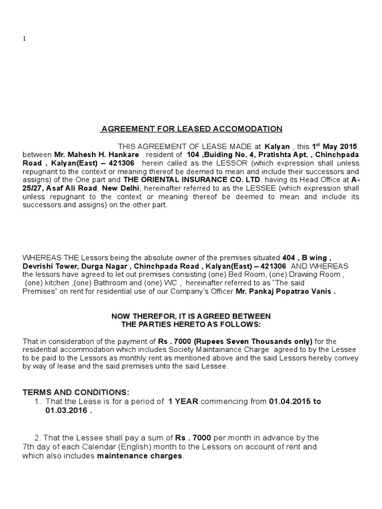 Agreement For Leased Accomodation | PDF | Lease | Law And Economics