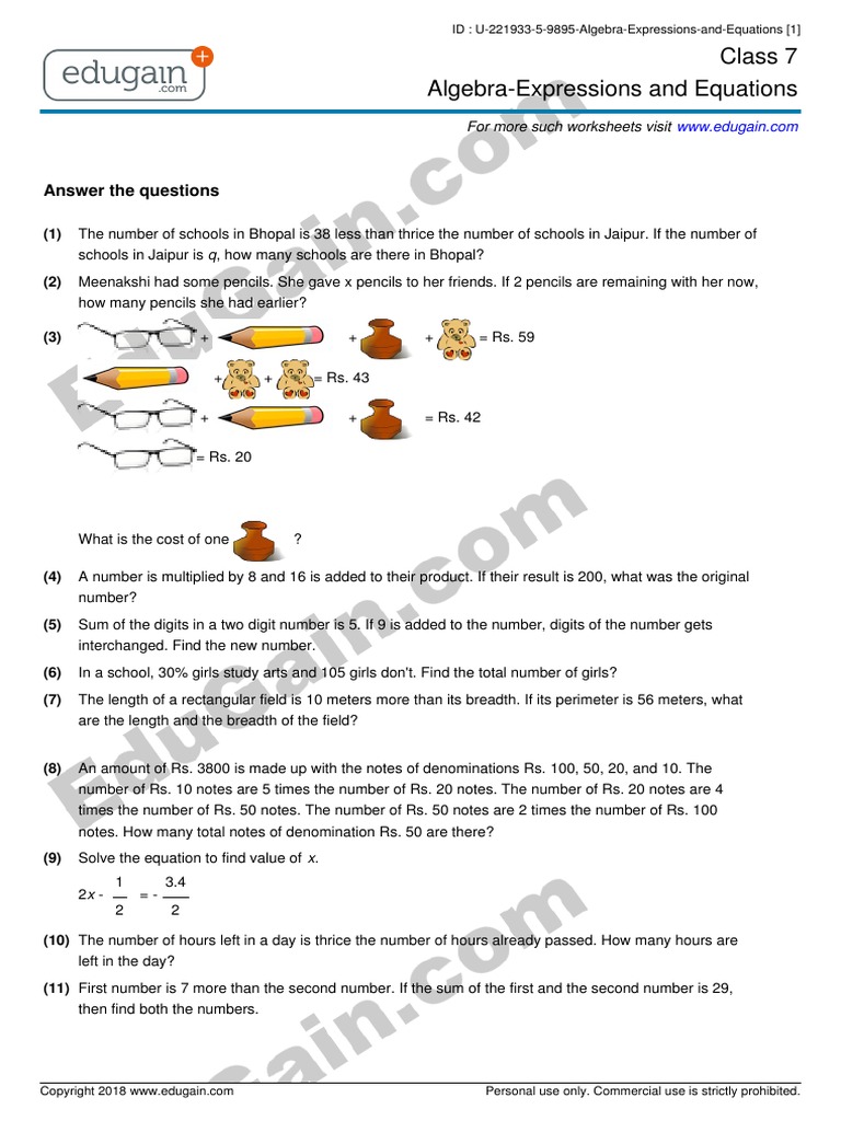 Class 7 Algebra-Expressions and Equations: Answer The Questions ...