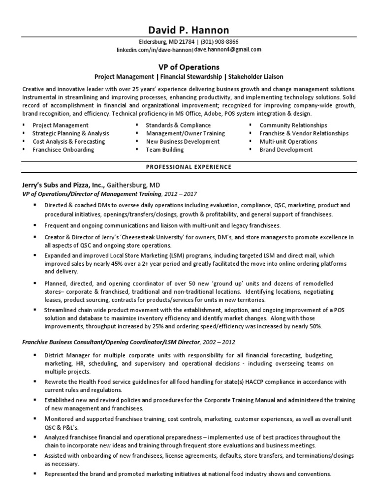 Director Operations VP in Washington DC Resume David Hannon | PDF ...