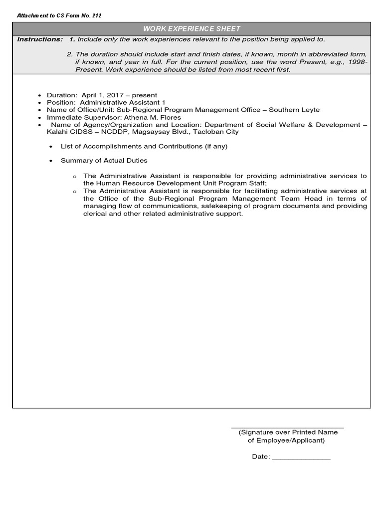 CS Form No. 212 Attachment - Work Experience Sheet - Blank | PDF | Business