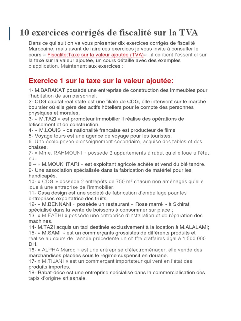 10 Exercices Corrigés de Fiscalité Sur La TVA | PDF | Taxe sur la valeur ajoutée | Facture