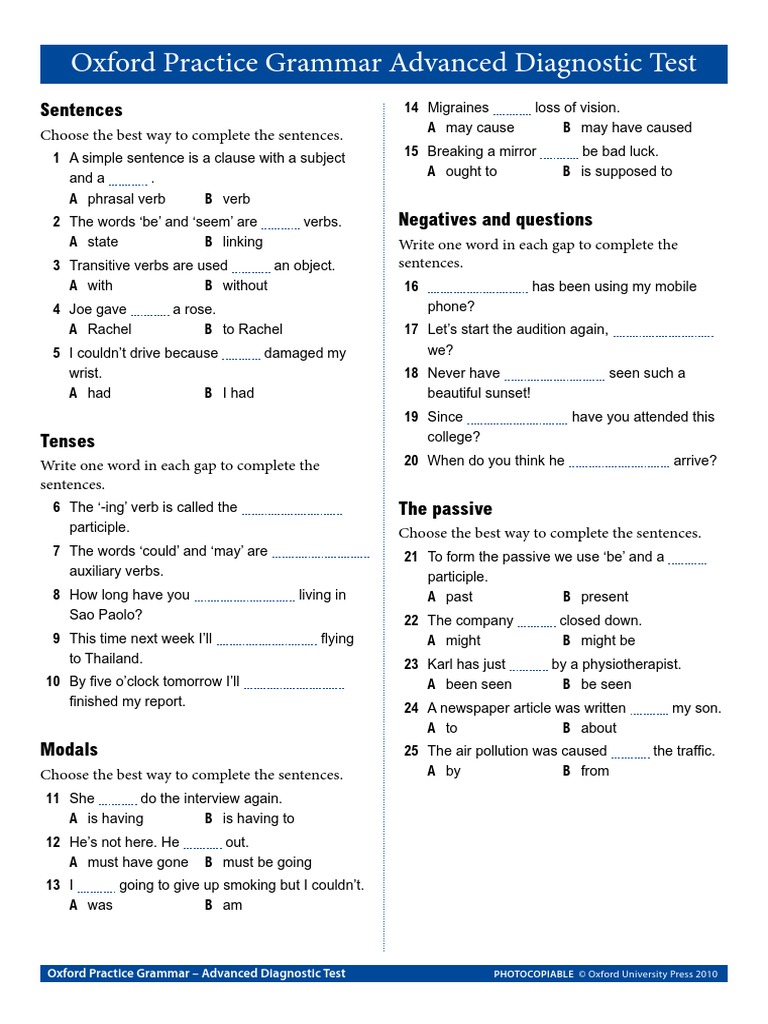 Oxford Practice Grammar Adv1 Diagnostic | PDF | Verb | Adverb