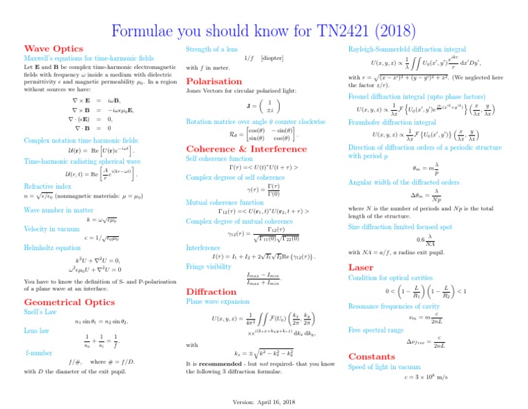 Formulae You Should Know For TN2421 (2018) : Wave Optics | PDF ...