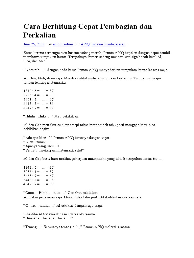 Cara Berhitung Cepat Pembagian Dan Perkalian | PDF