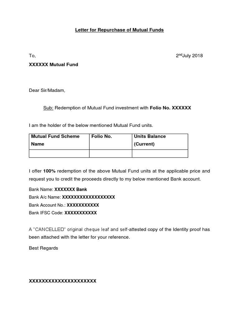 Mutual Fund Redemption Request Letter | PDF
