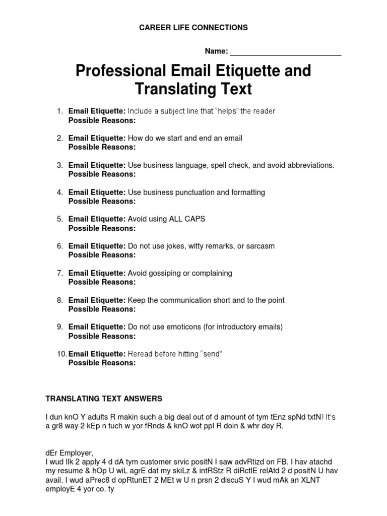 Professional Email Etiquette and Translating Text CLC 11 | PDF | Career ...