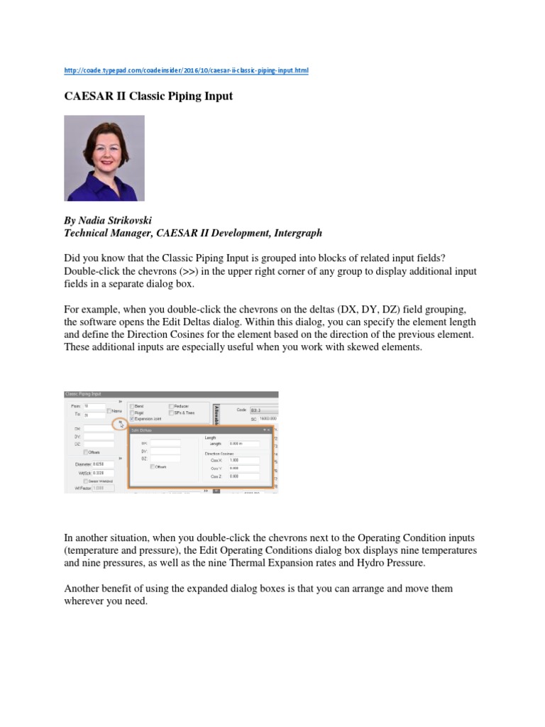 CAESAR II Classic Piping Input: by Nadia Strikovski Technical Manager, CAESAR II Development ...