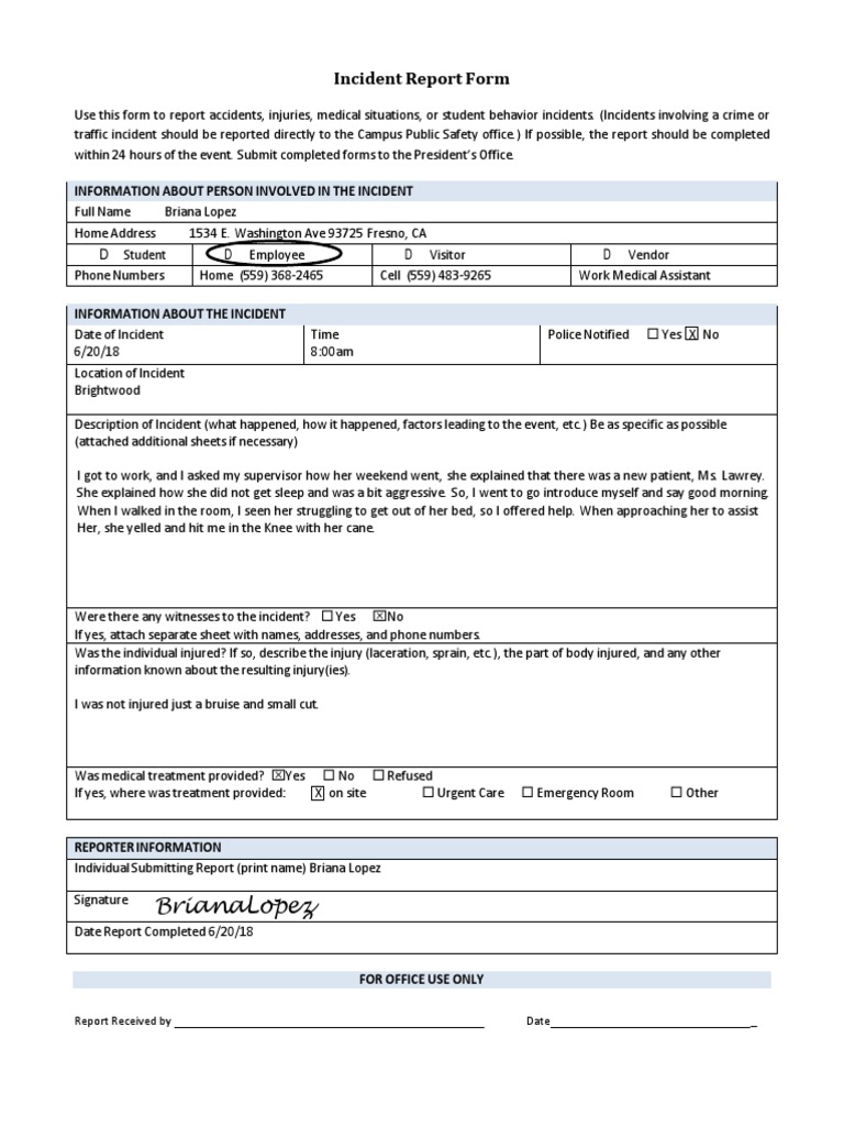 Incident Report Form: Brianalopez | Medicine | Health Care