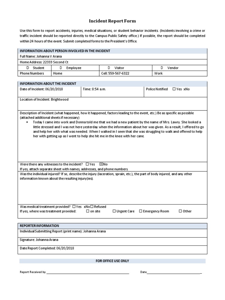 Hospital Incident Report Form Template