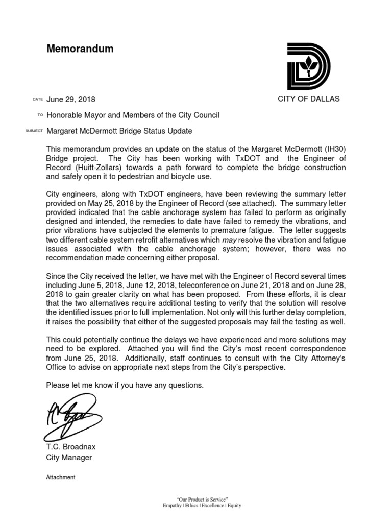 Margaret McDermott Bridge Status Update Memo 062918 | PDF | Government ...