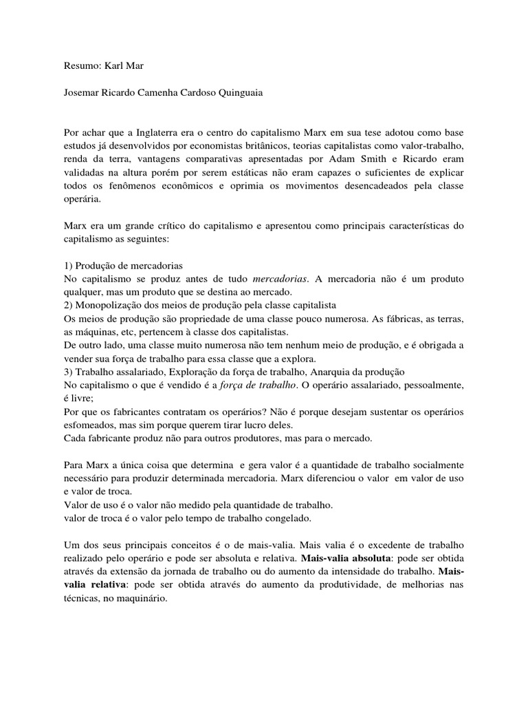 Resumo - Karl Marx | PDF | Capitalismo | Karl Marx