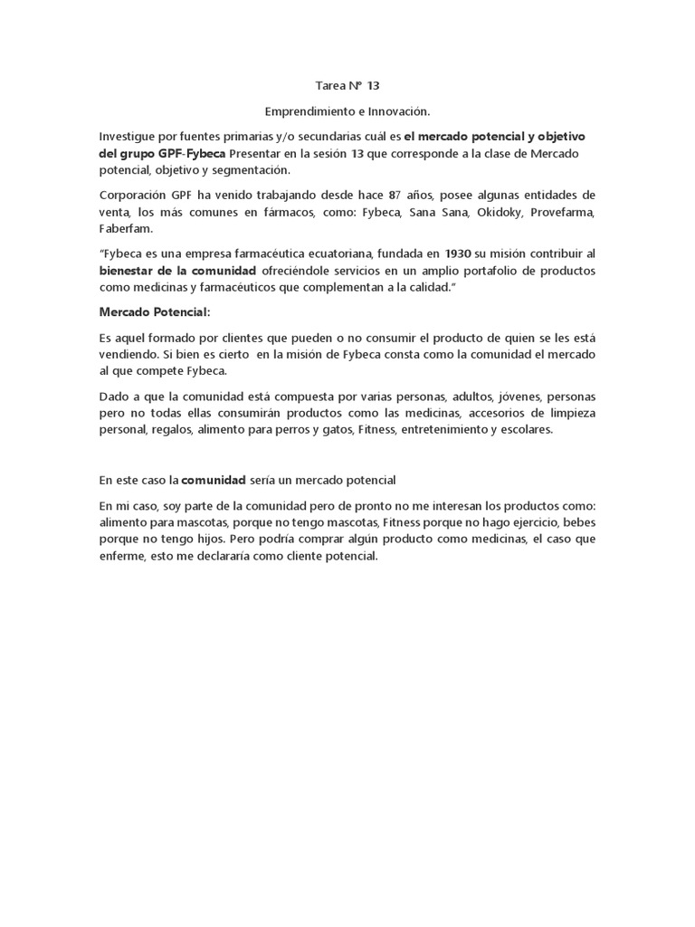 Emprendimiento Deber 13 Individual | PDF | Industria farmacéutica | Mercado (economía)