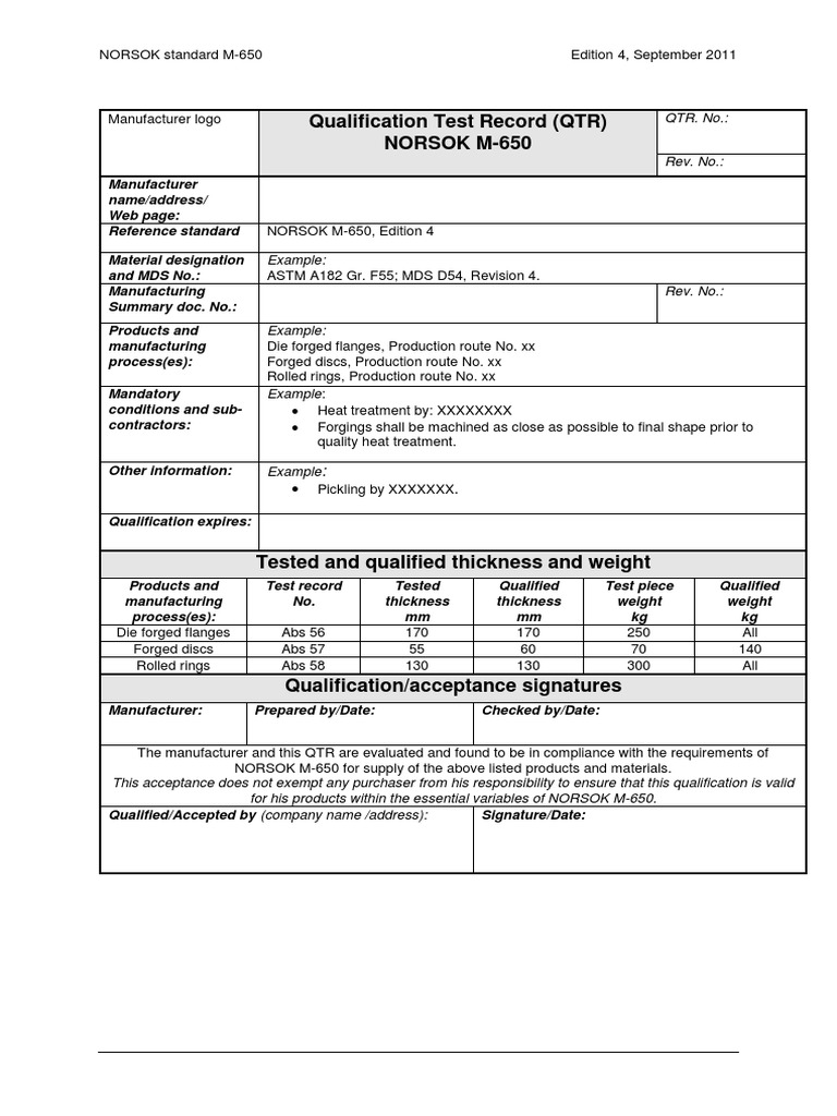Qualification Test Record (QTR) NORSOK M-650 | PDF | Business