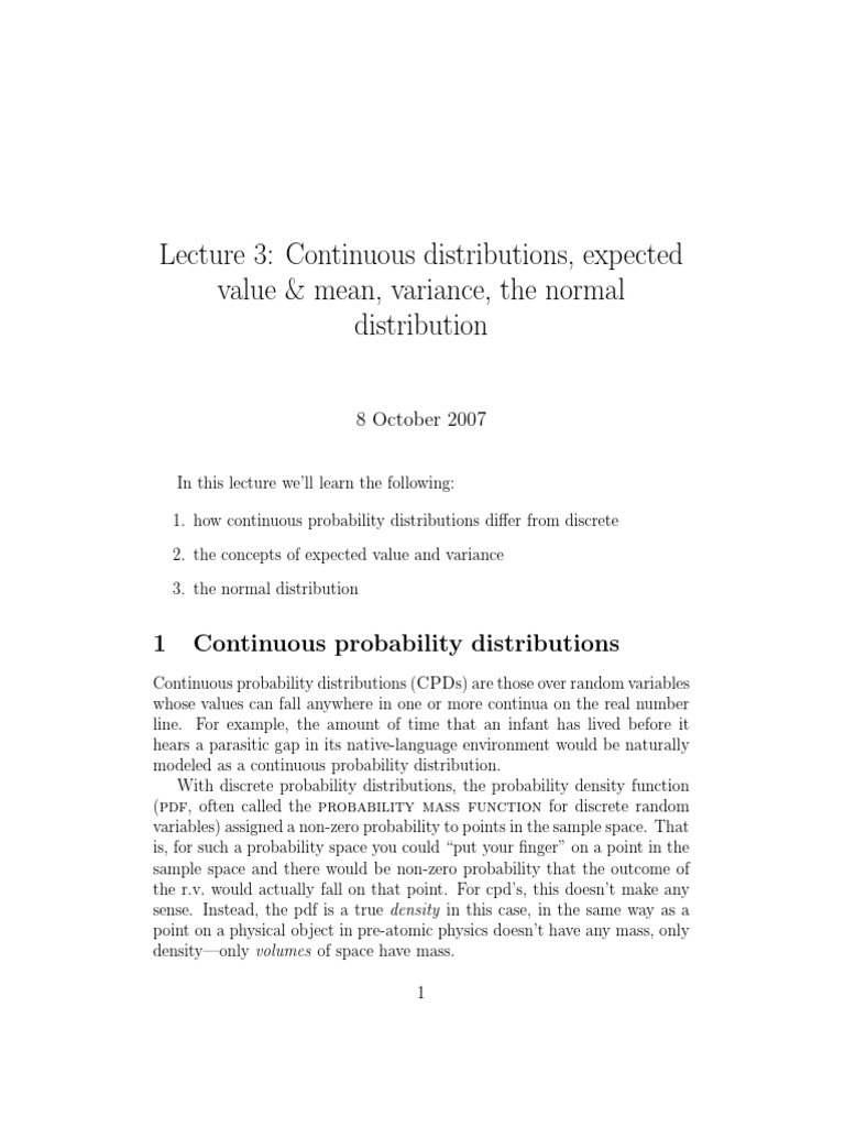 Introduction to Continuous Probability Distributions, Expected Value, Variance, and the Normal ...