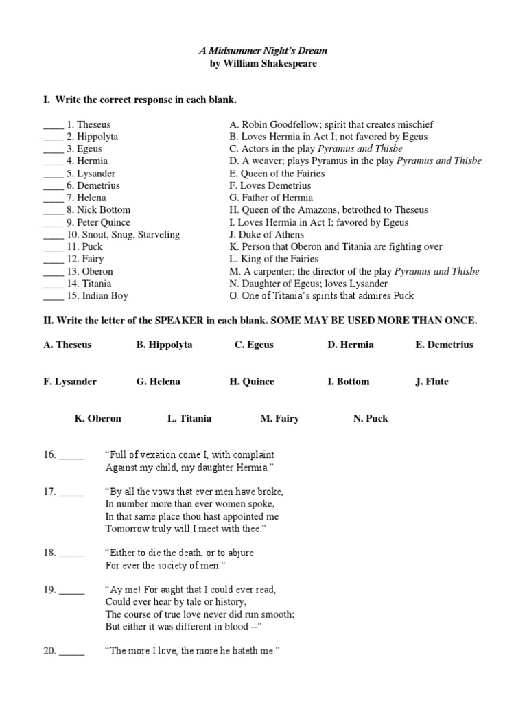 A Midsummer Night's Dream Acts I-III Test | PDF | A Midsummer Night's ...