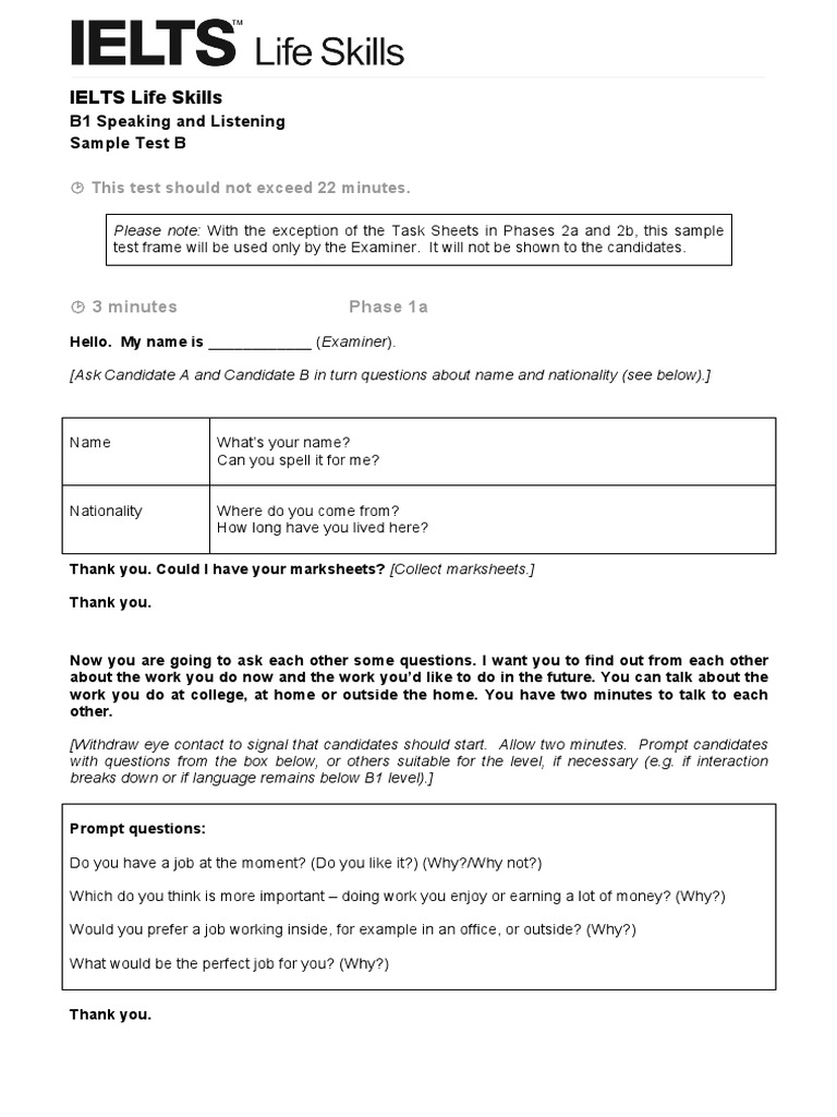 IELTS Life Skills Sample Paper B Level B1 | PDF | International English ...