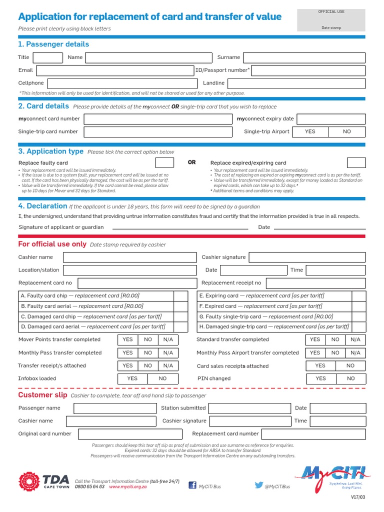 Application for Replacement of Transport Card and Transfer of Value ...