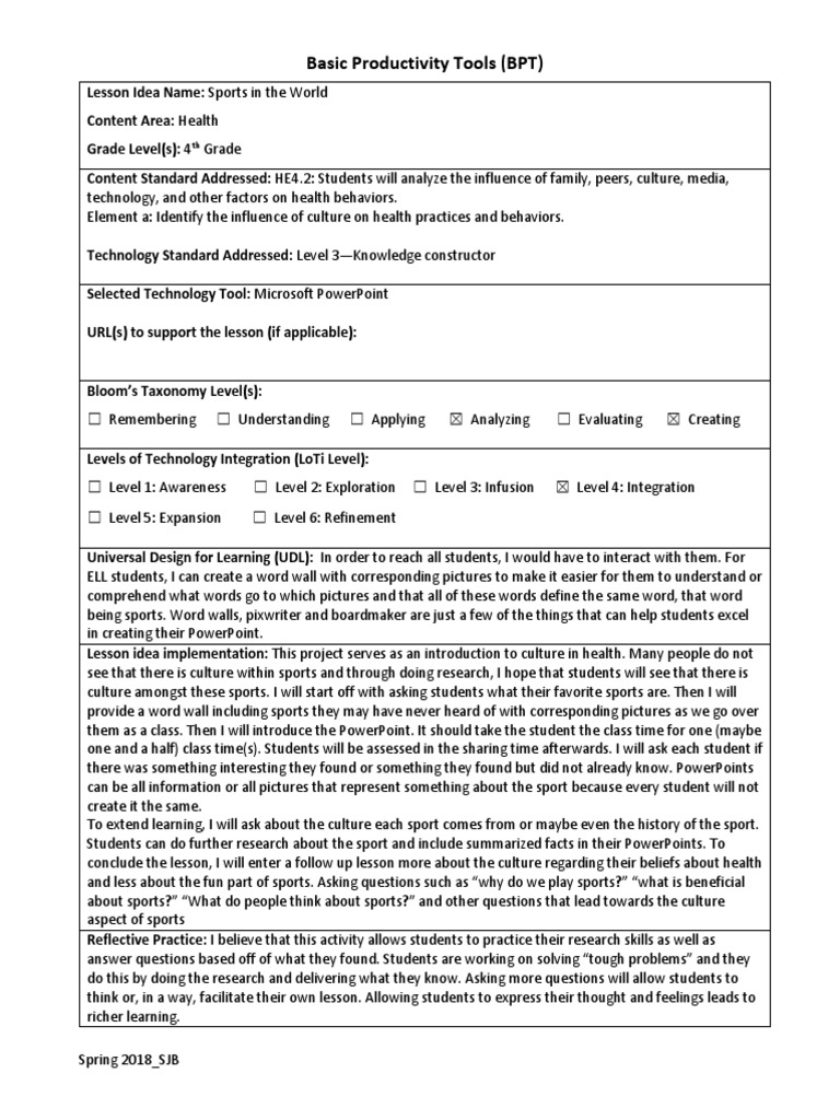 BPT Lesson Plan | PDF | Reflective Practice | Education Theory