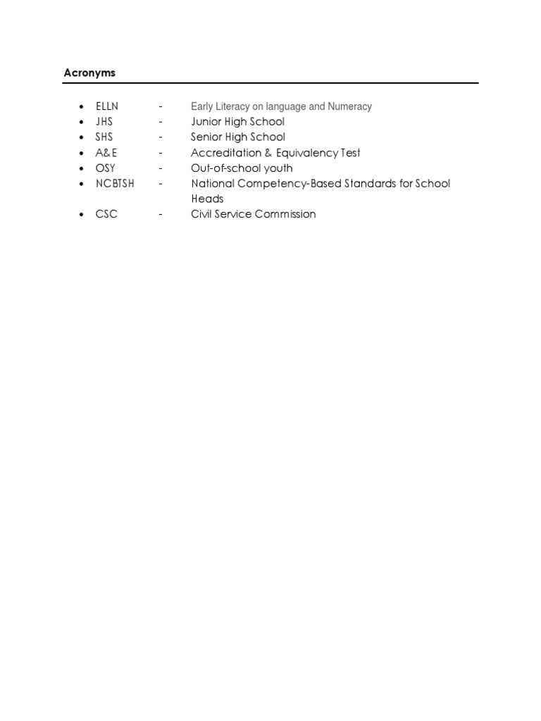 Acronyms: Early Literacy On Language and Numeracy | PDF