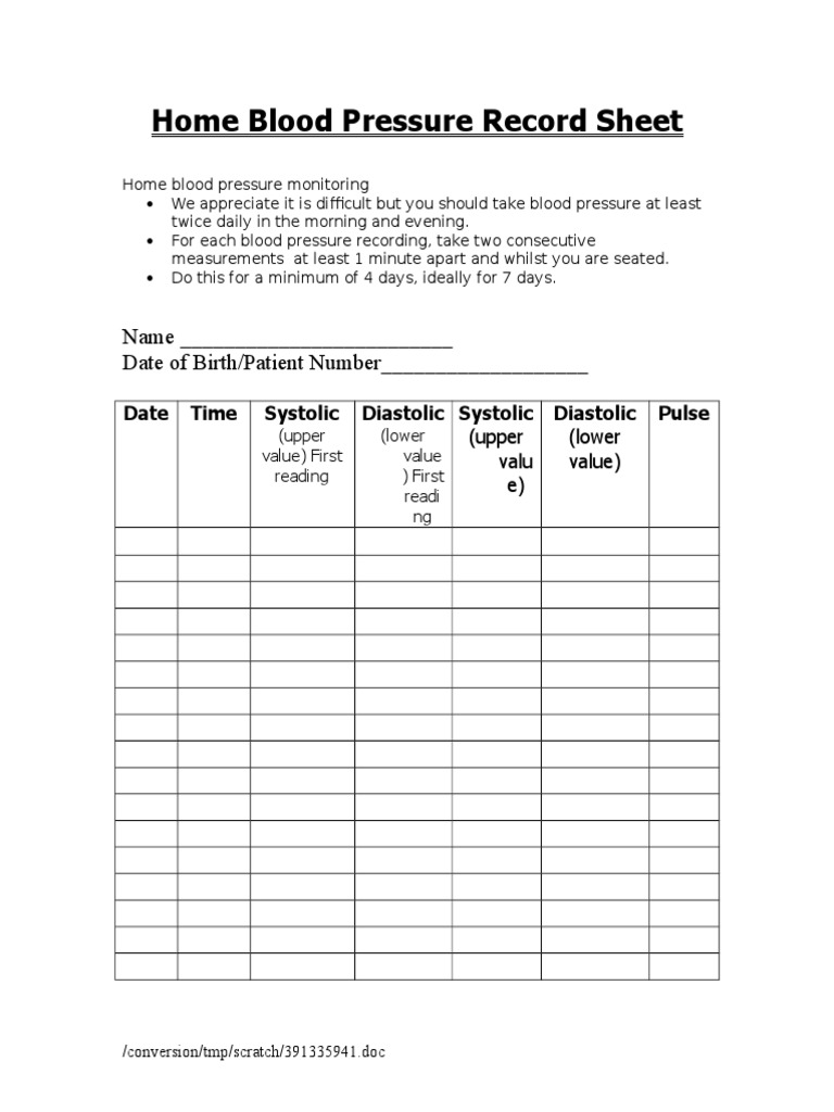 Home Blood Pressure Record Sheet | PDF