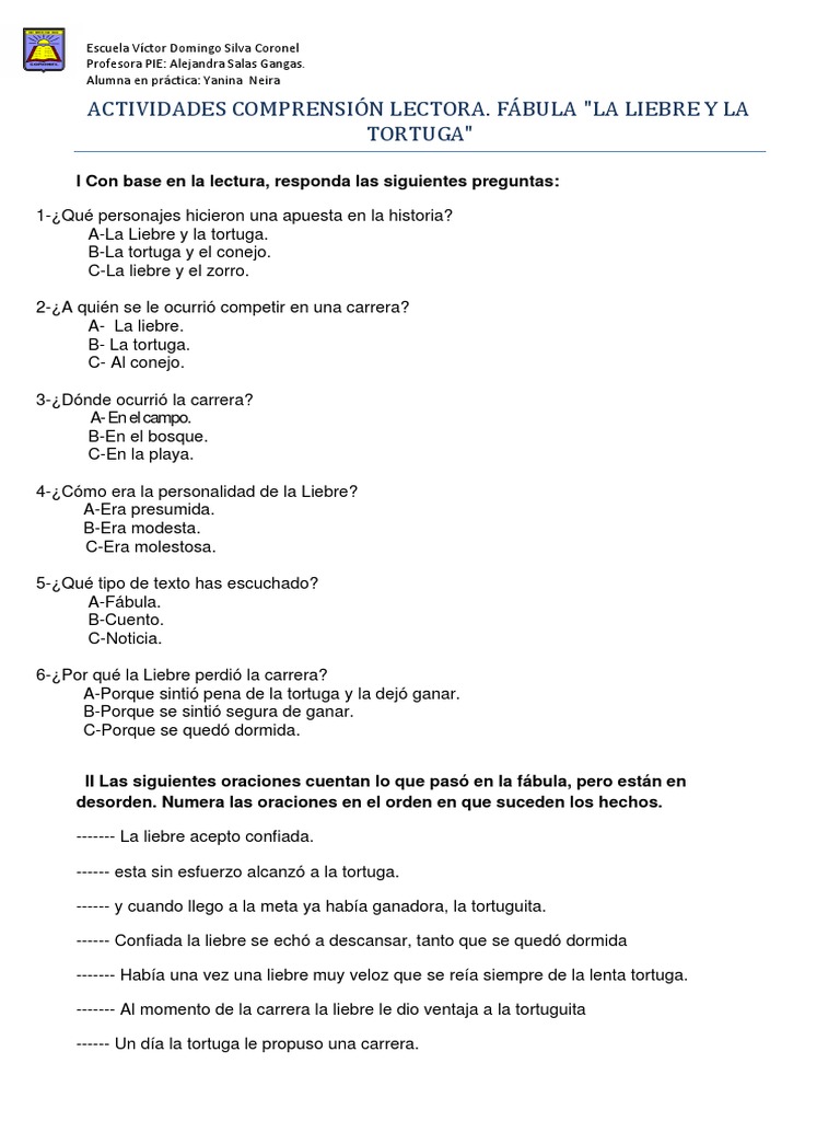La Liebre y La Tortuga Actividades Comprension Lectora | PDF