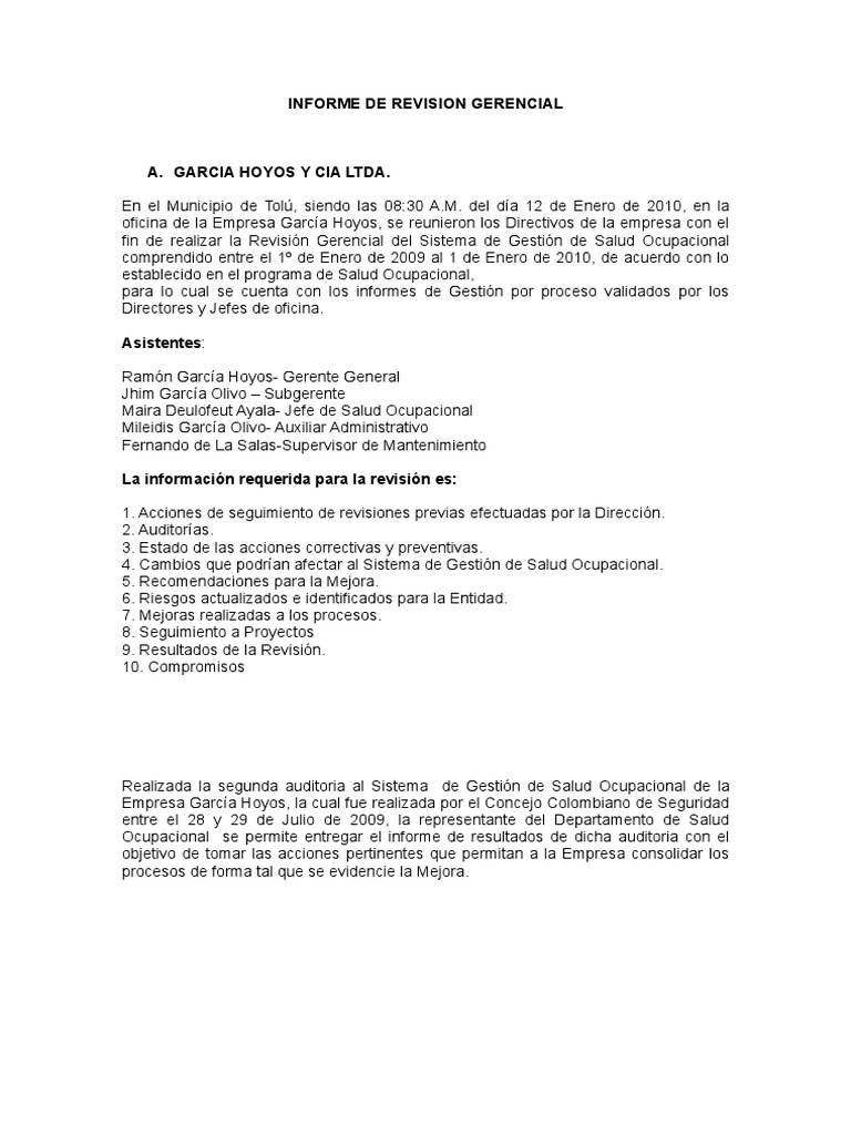 Informe de Revision Gerencial | PDF | Auditoría | Seguridad y salud ...