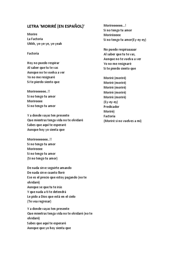 Letra de "Moriré" - La Factoría | PDF