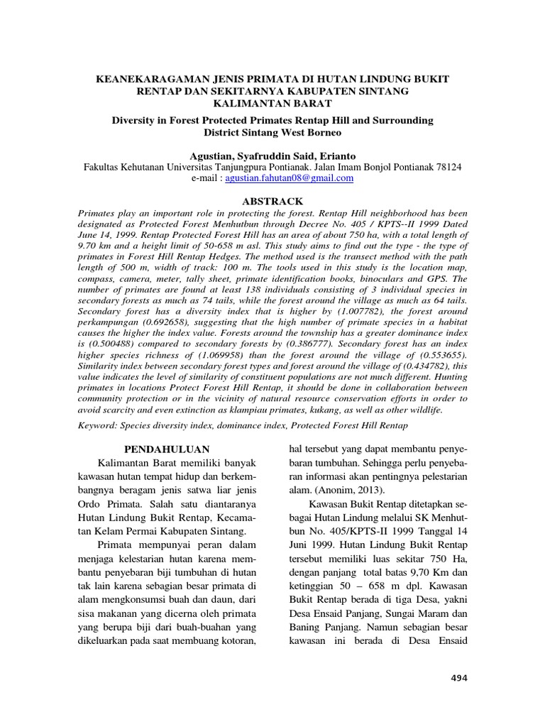 ID Keanekaragaman Jenis Primata Di Hutan Lindung Bukit Rentap Dan Sek | PDF