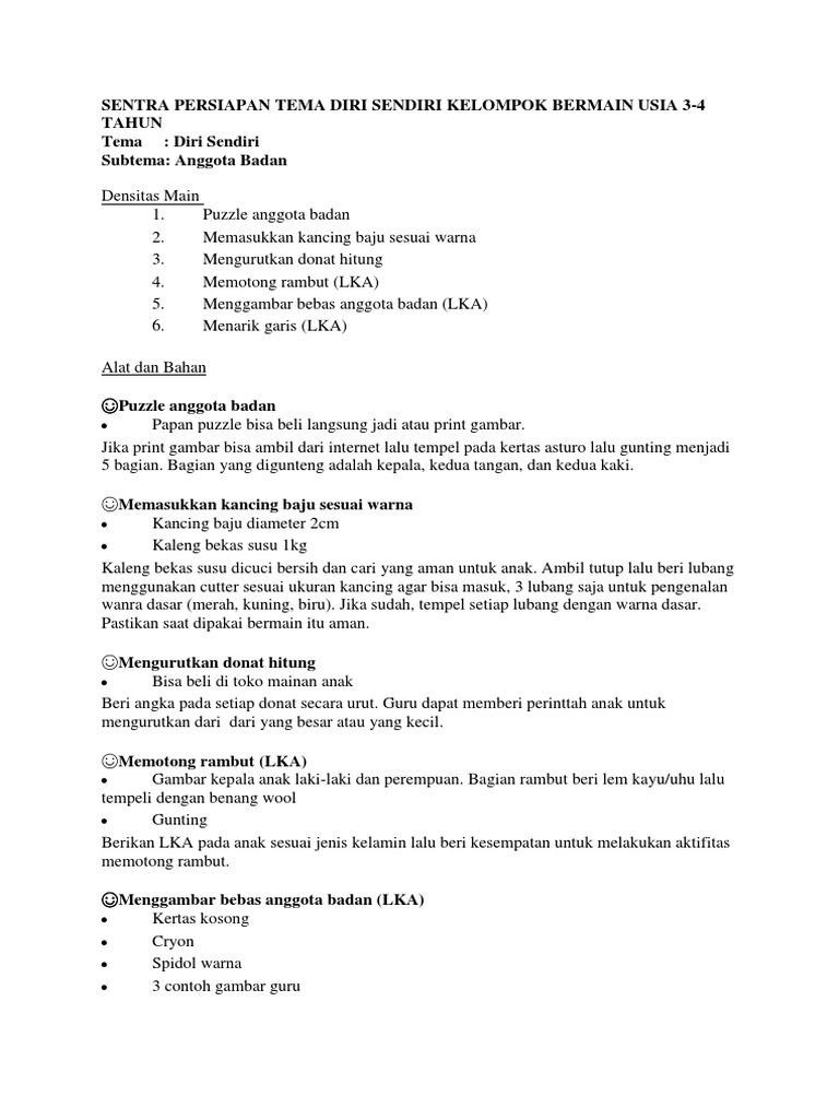 Contoh Rkh Sentra Persiapan Tema Diri Sendiri - Dunia Belajar