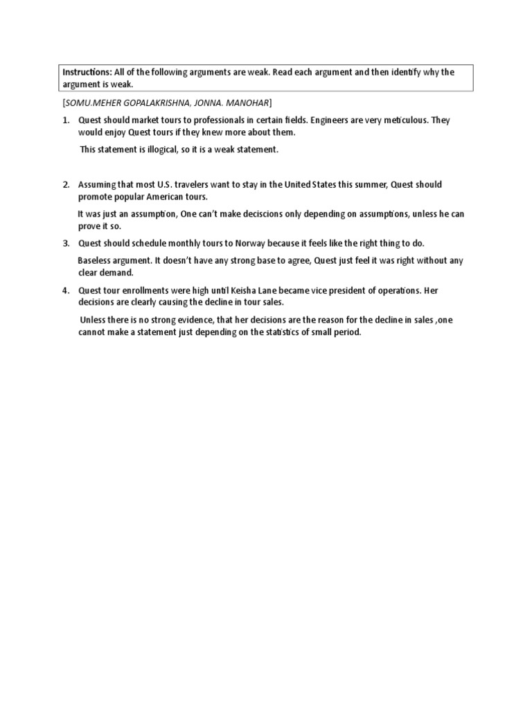 Instructions: All of The Following Arguments Are Weak. Read Each ...