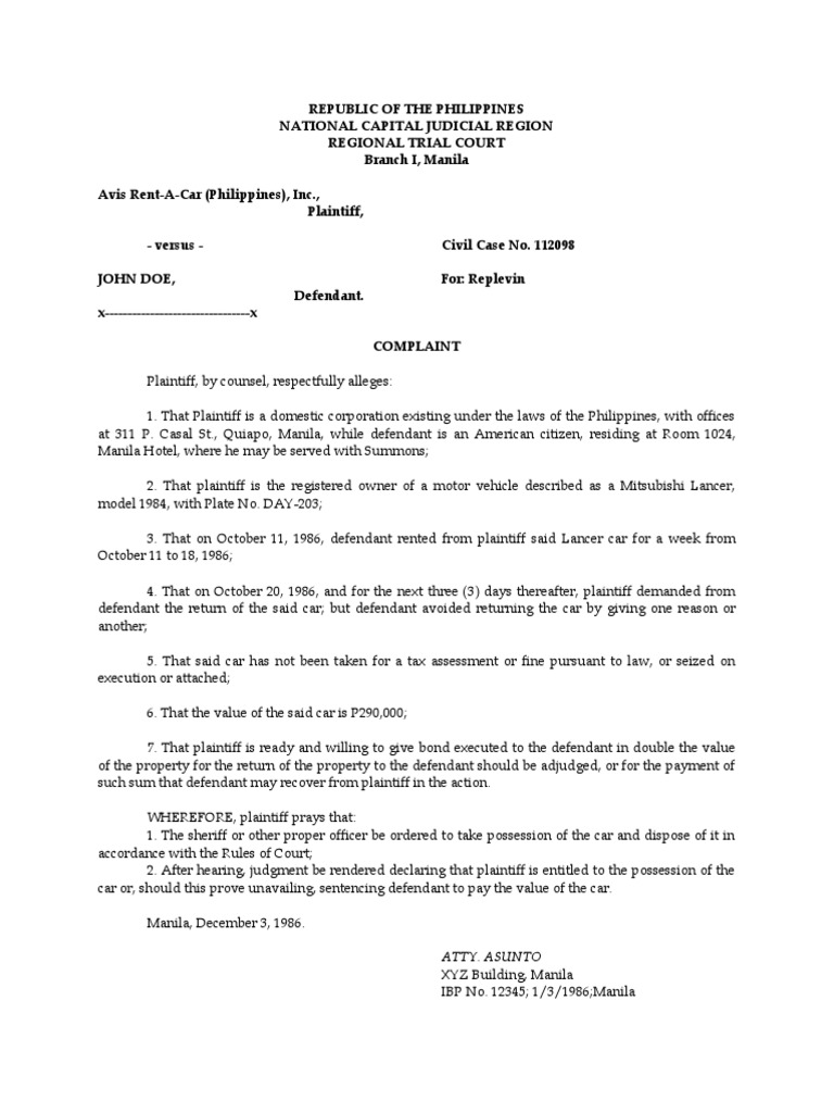 Replevin Complaint for Vehicle Recovery | PDF | Plaintiff | Government ...