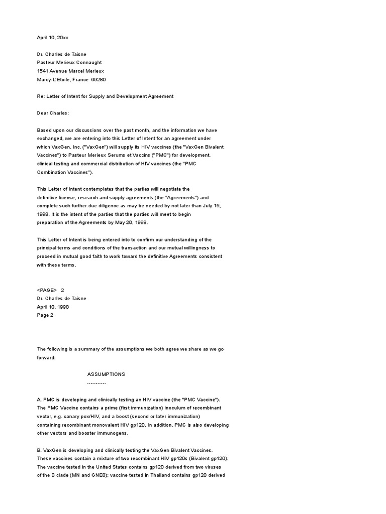 VaxGen-PMC HIV Vaccine Agreement Intent | PDF | Vaccines | Royalty Payment