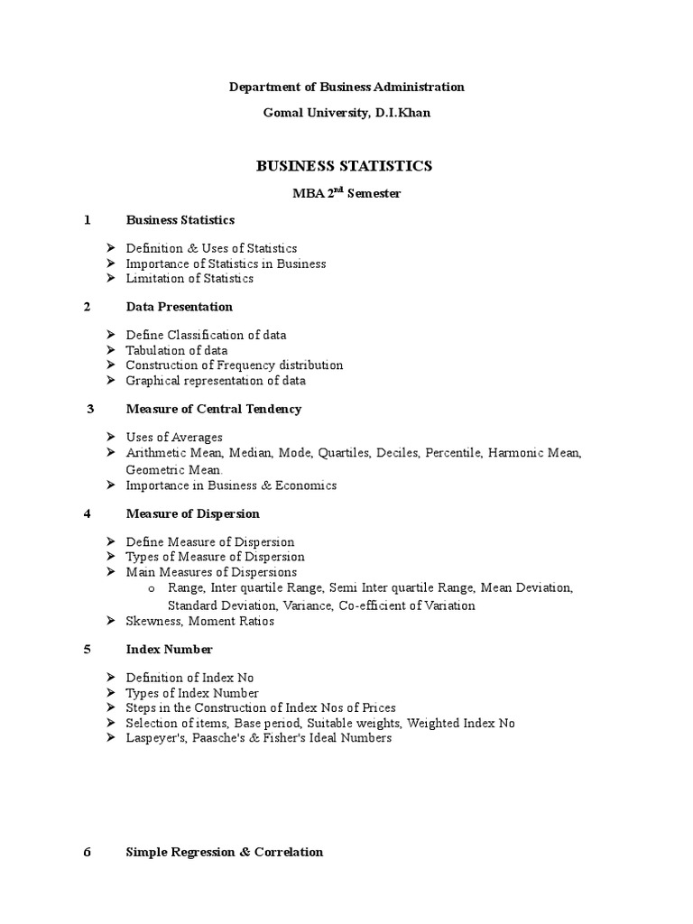 Business Stat Outline | PDF | Mean | Statistics