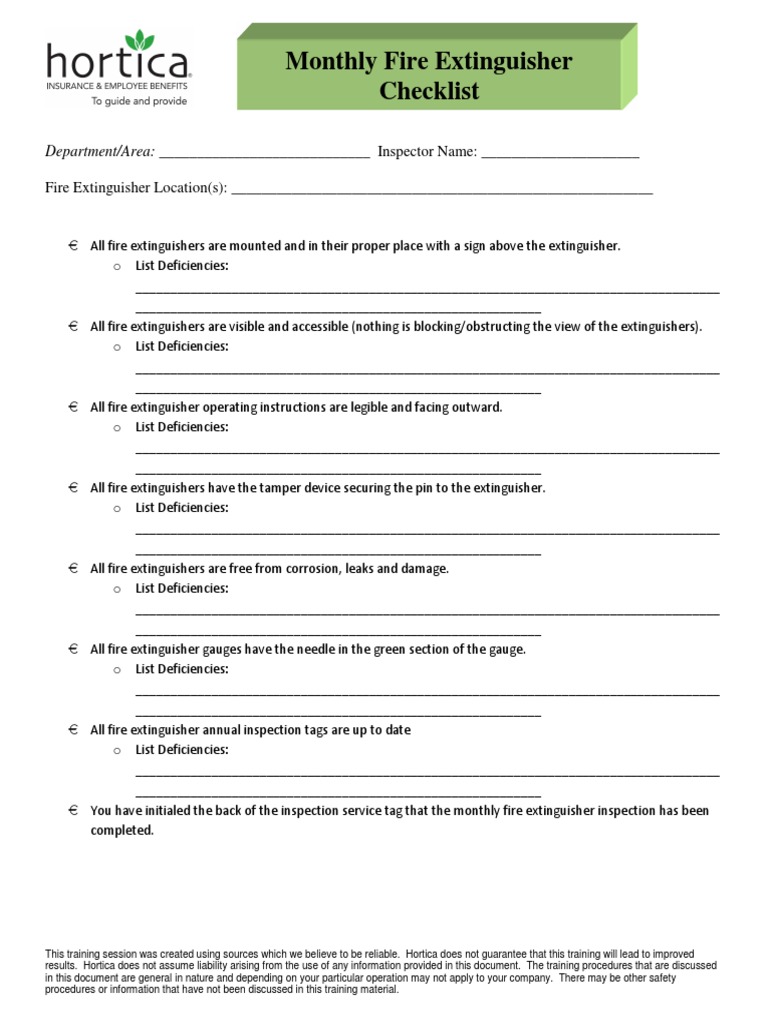 Monthly Fire Extinguisher Checklist | PDF