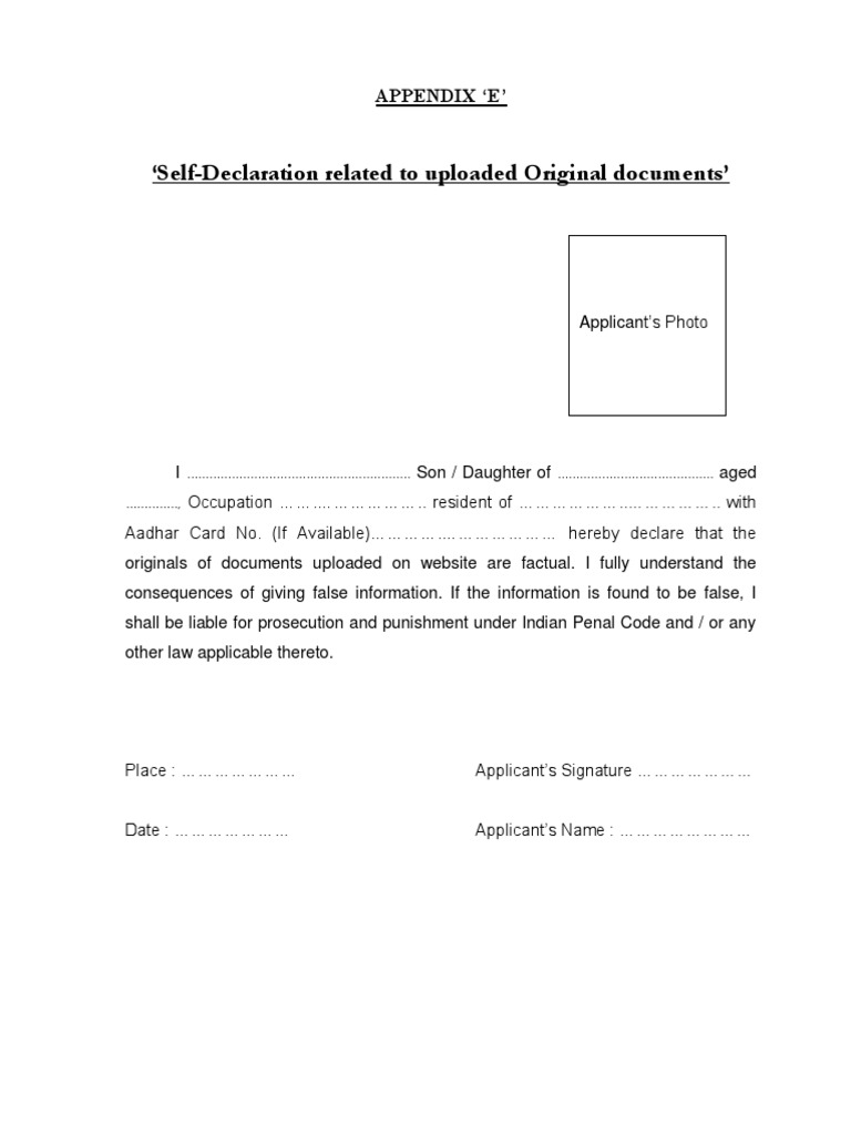 Self-Declaration Related To Uploaded Original Documents': Appendix E' | PDF
