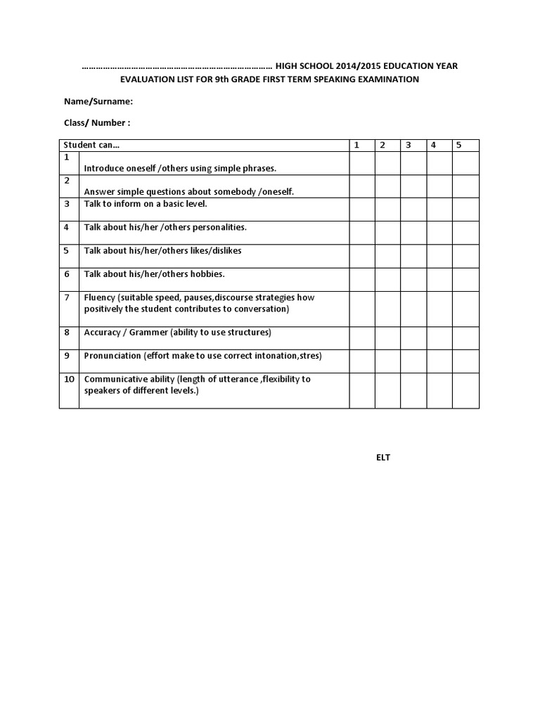 Speaking Evaluation Form | PDF