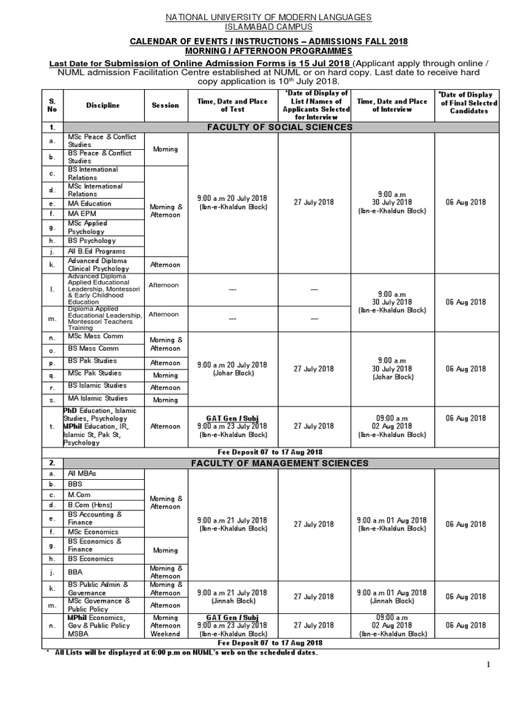 Calender of Events (Faculty-Wise) Fall 2018 - 22!06!2018 Numl | PDF ...